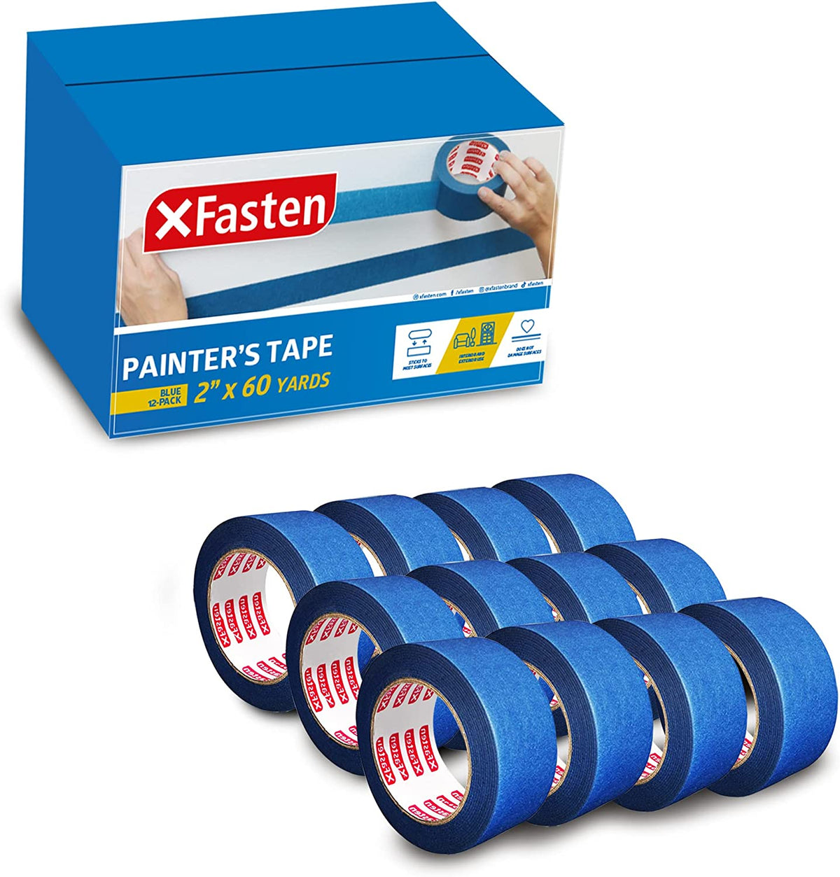 XFasten Professional Blue Painter's Tape | 2 Inch x 60 Yards | 12-Pack