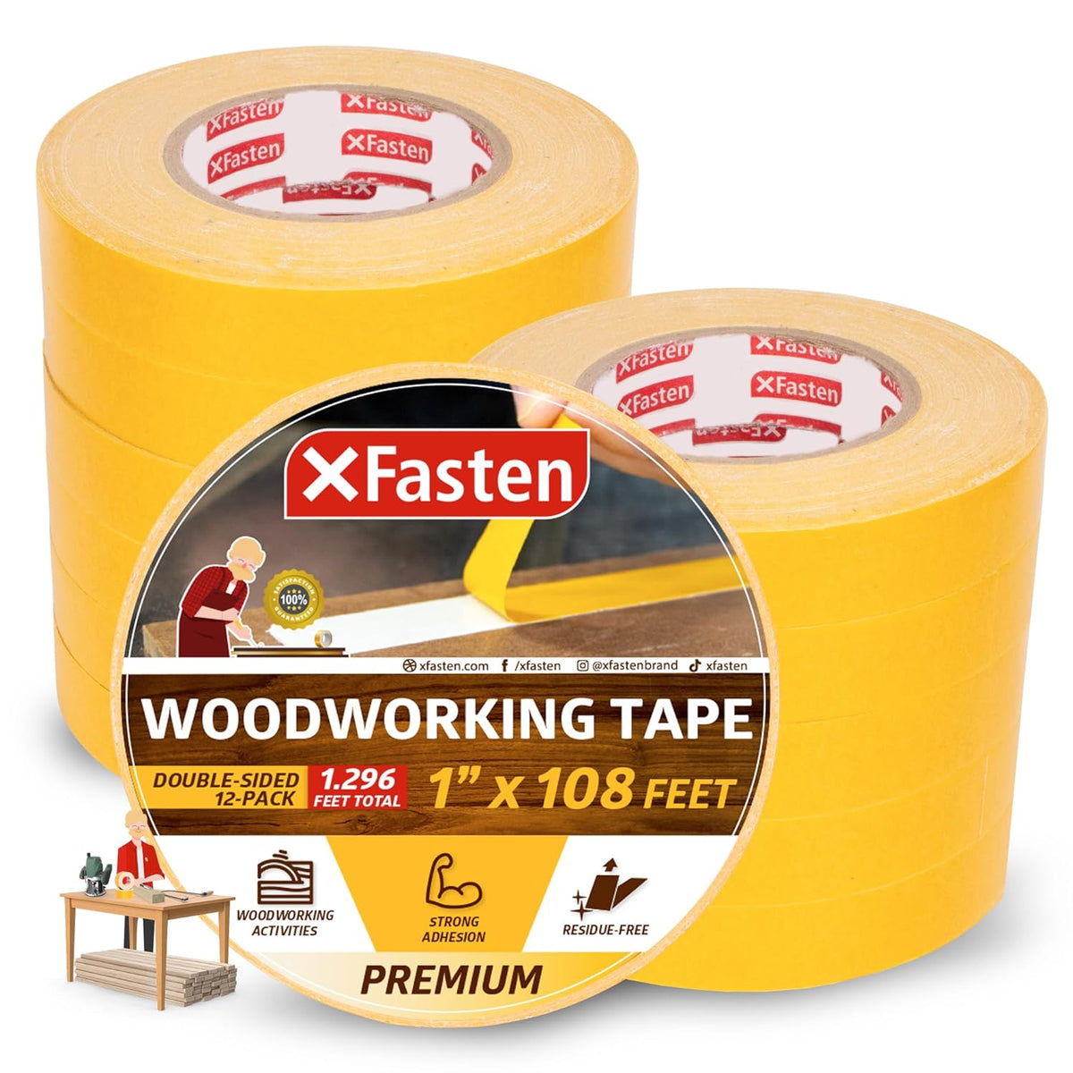 XFasten Bulk Double Sided Woodworking Tape 1-inch 1,296-Feet Total (12