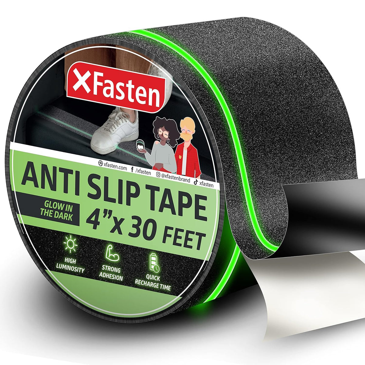 XFasten Anti Slip Tape with Green Glow in the Dark Strip 4” x 30ft Out