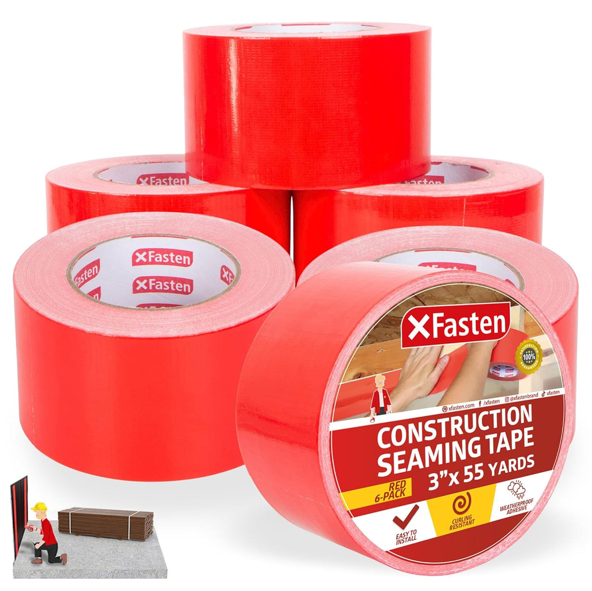 XFasten Construction Seaming Tape Red 3”x55Yds (6-Pack, 990Feet Total)