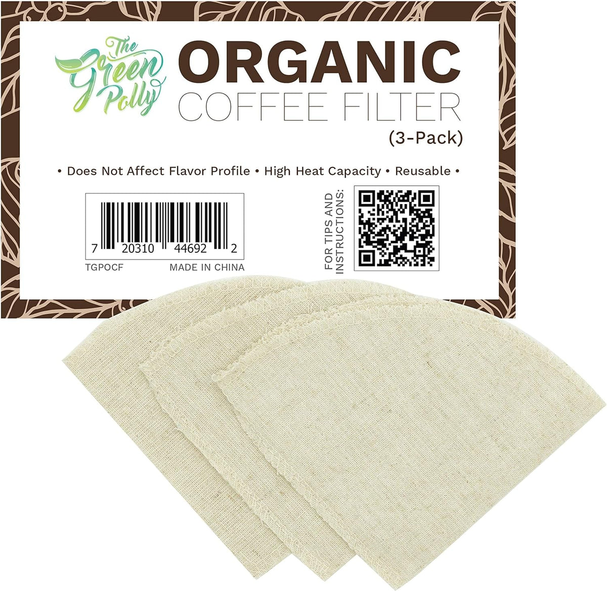 XFasten Organic Hemp Cloth Coffee Filter Cone No. 4, 3-Pack, Reusable